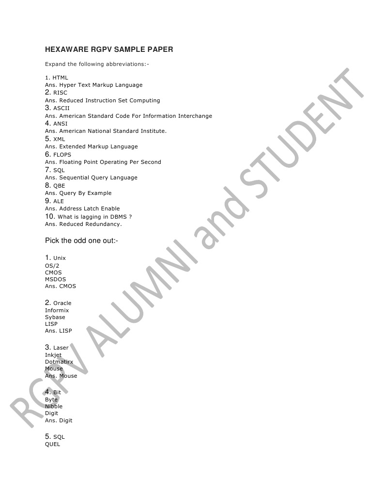 Hexaware RGPV Sample Paper: Expand The Following Abbreviations | PDF ...