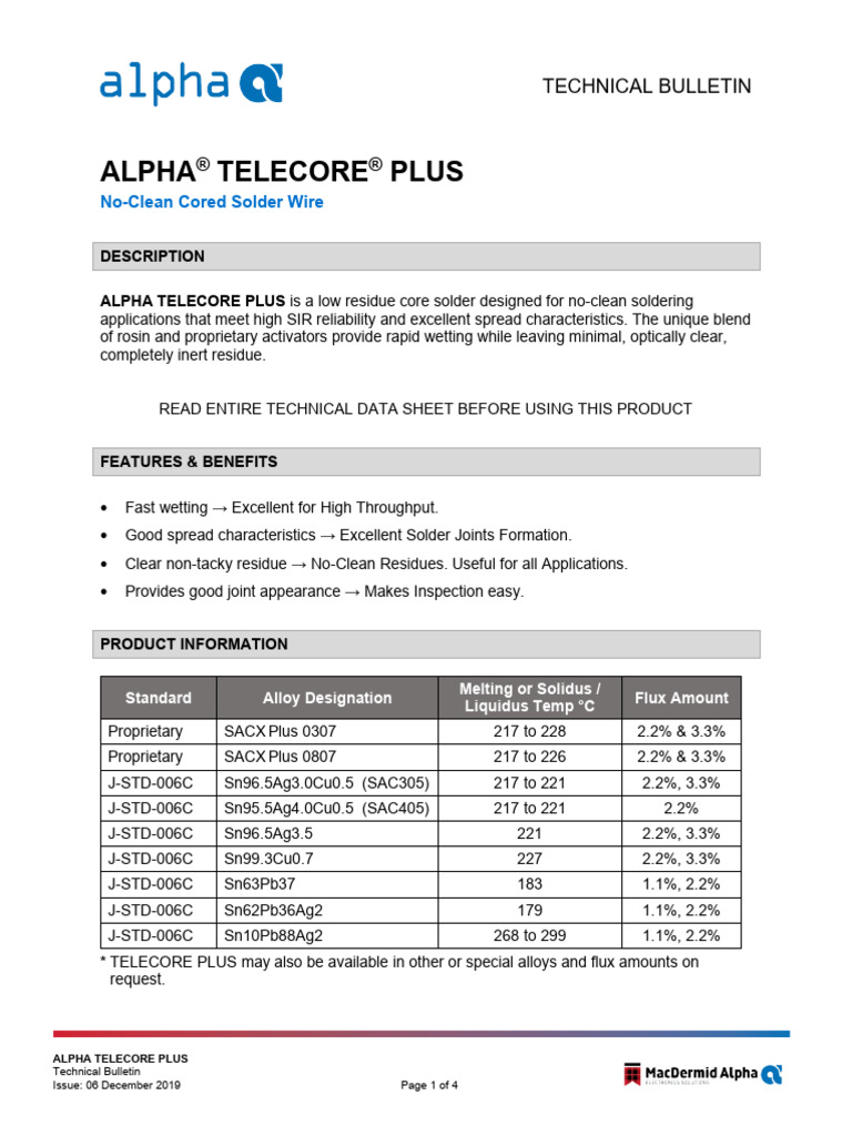 Alpha Telecore Plus Solder Wire Guide | PDF | Soldering | Solder