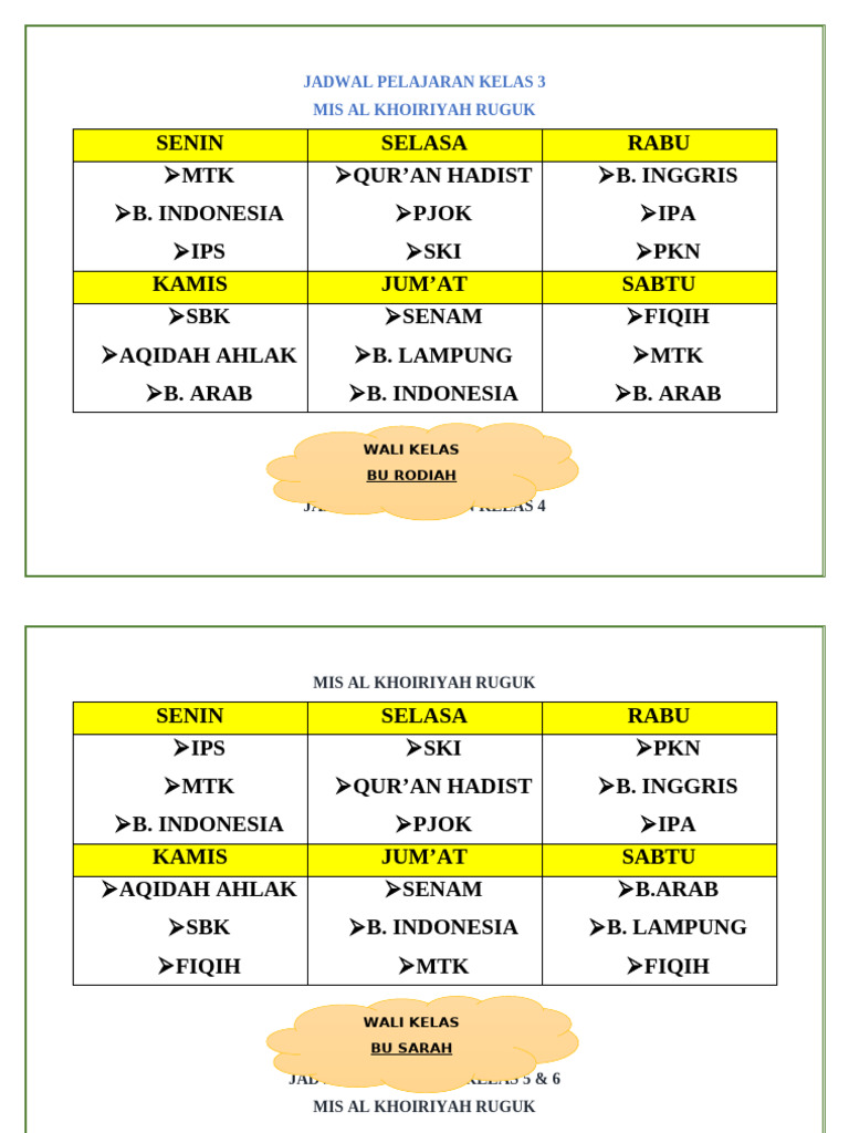 Jadwal Pelajaran Mi | PDF