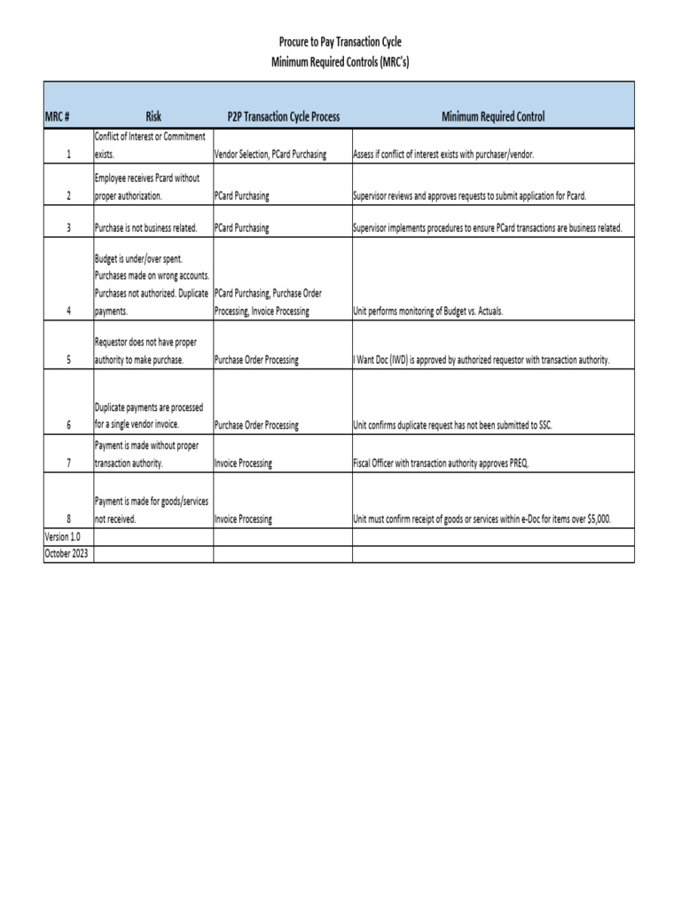 Procuretopay Minimum Required Controls | PDF