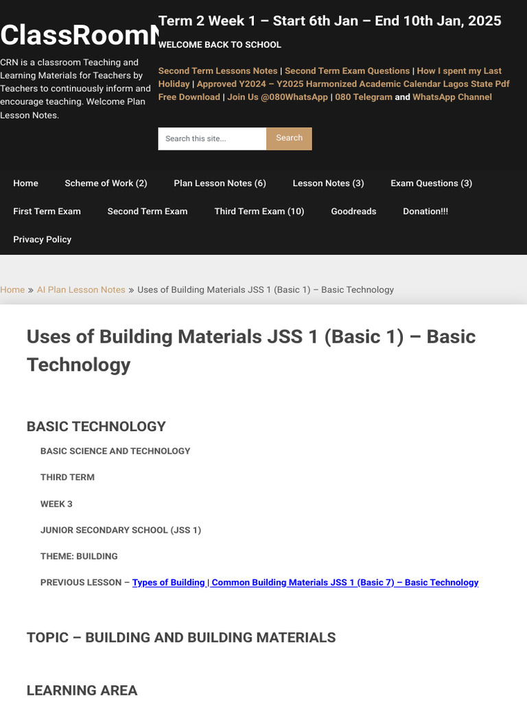UsesofBuildingMaterialsJSS1 (Basic1) BasicTechnology ClassRoomNotes ...