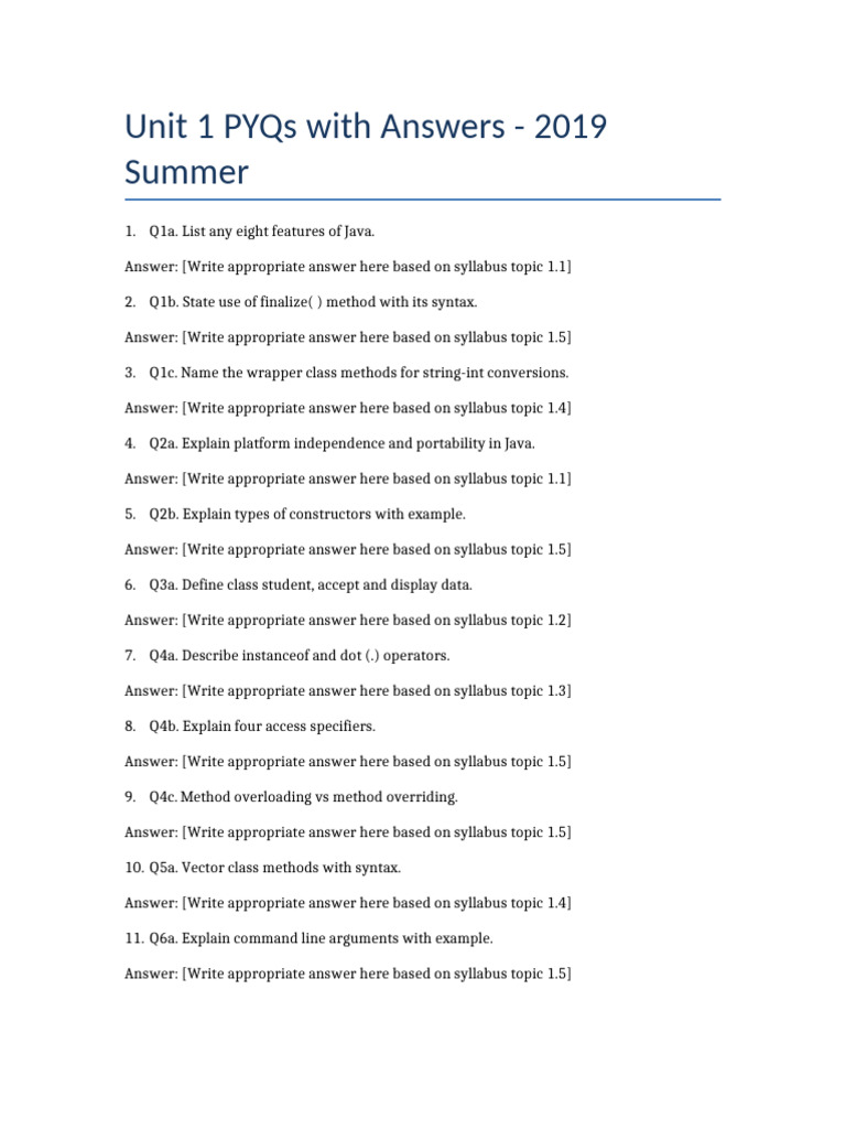 Unit1 Java 2019 Summer PYQs | PDF