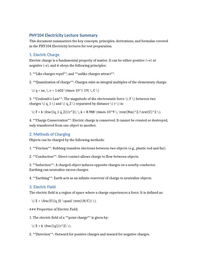 PHY104 Electricity Summary | PDF | Electric Charge | Electricity