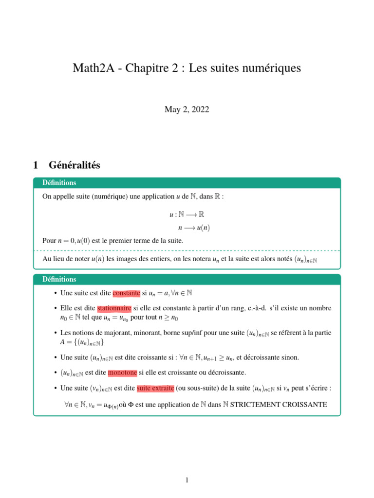 Suites numériques : définitions et propriétés | PDF | Limite ...