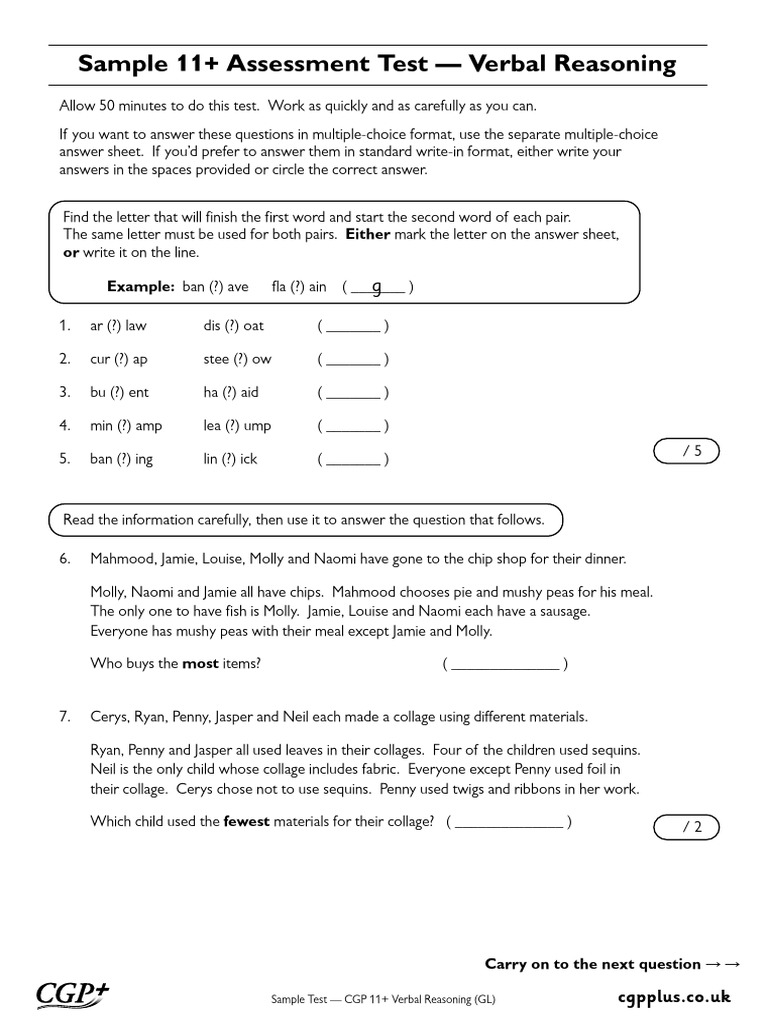 Verbal Reasoning Practice Paper GL and Other Providers Black & White ...