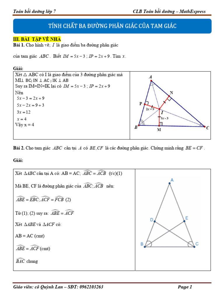 BC7A3-HDBTVN-Buổi 33-Tính chất của ba đường phân giác trong tam giác | PDF