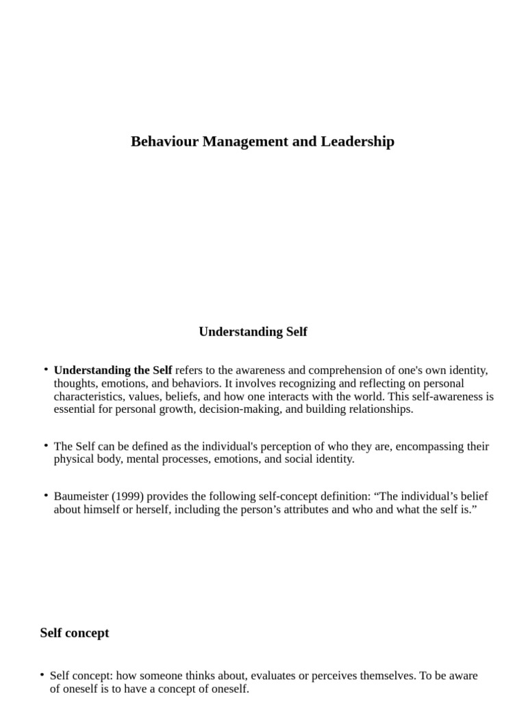 Behaviour Management and Leadership - Understanding Self | PDF | Self Esteem | Self Concept