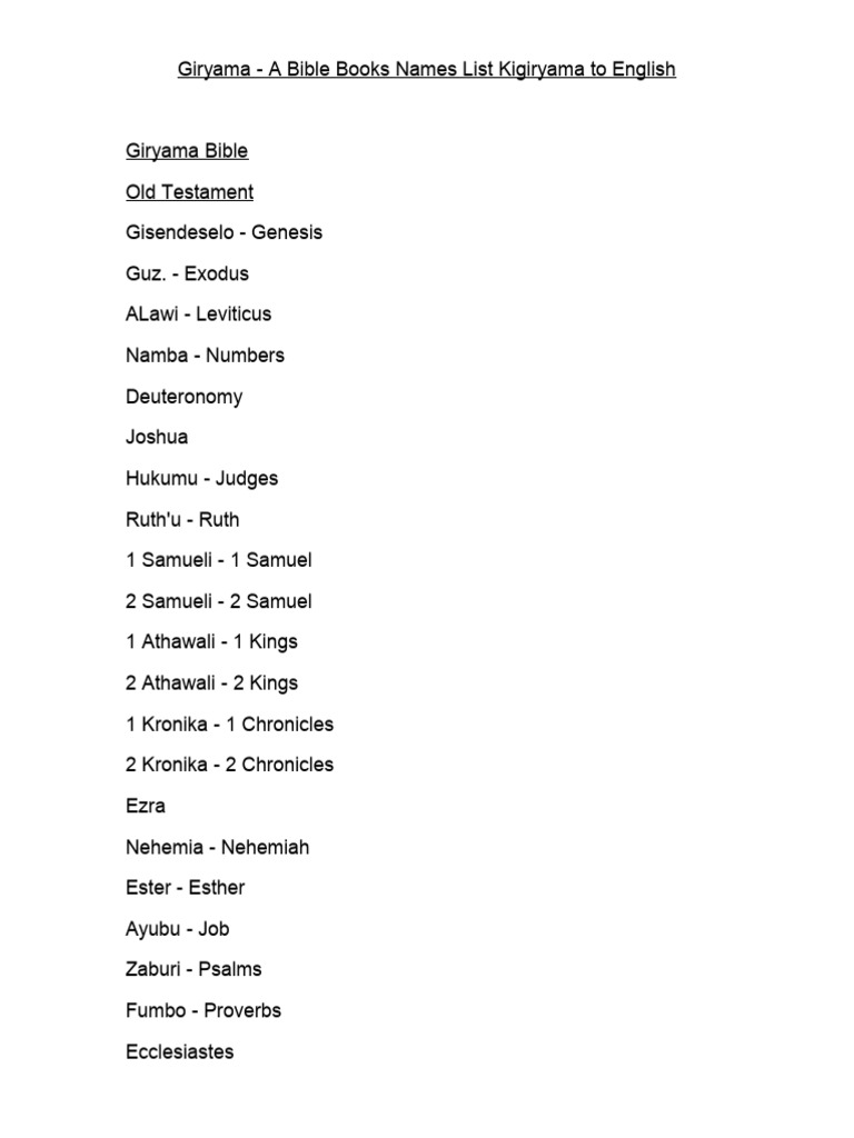Giryama - A Bible Books Names List Kigiryama To English | PDF