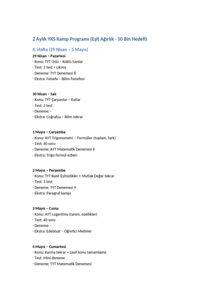 YKS 2 Aylik Kamp Programi | PDF