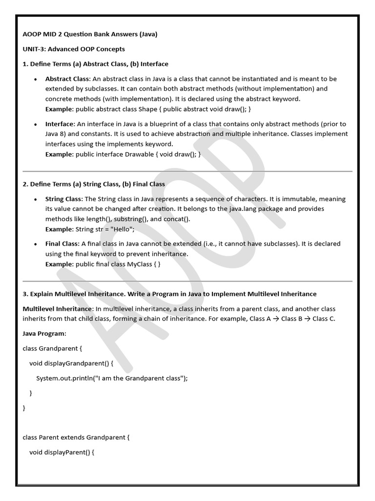 AOOP MID 2 Question Bank Answers | PDF | Class (Computer Programming) | Inheritance (Object ...