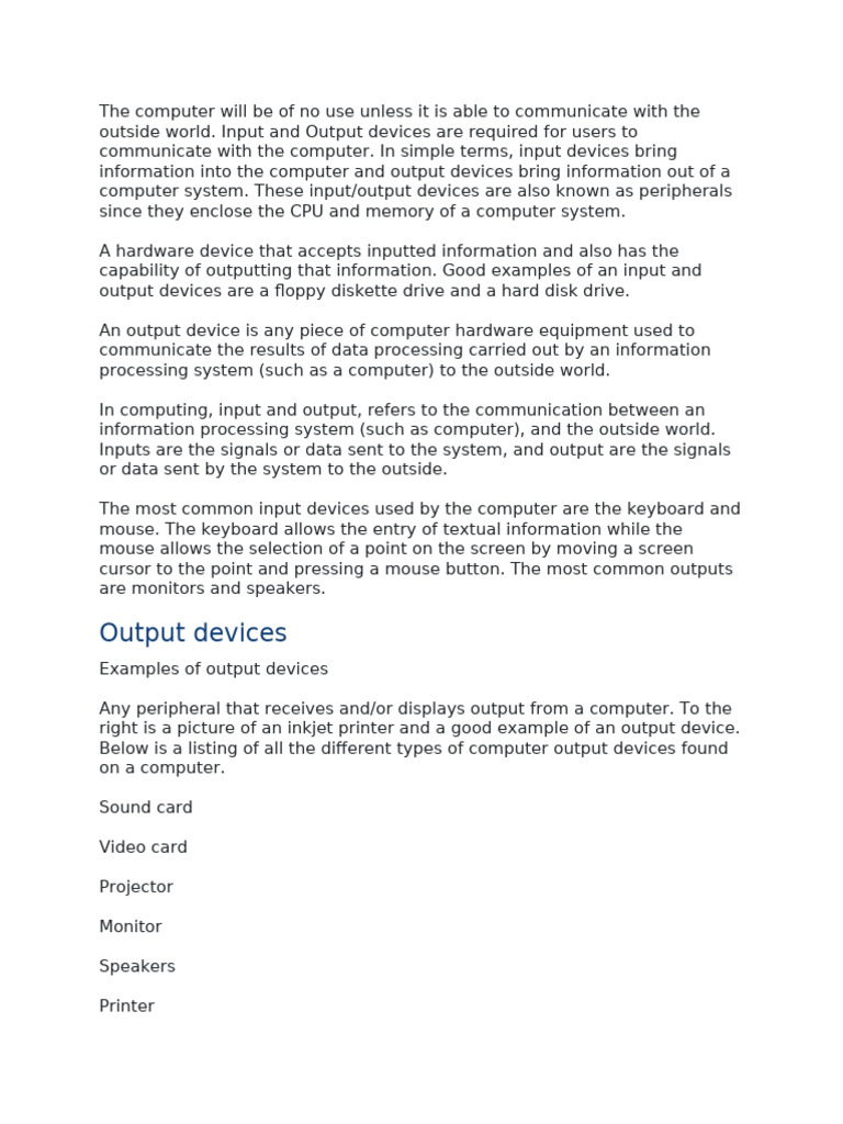 Input and Output Devices | PDF | Computer Keyboard | Printer (Computing)