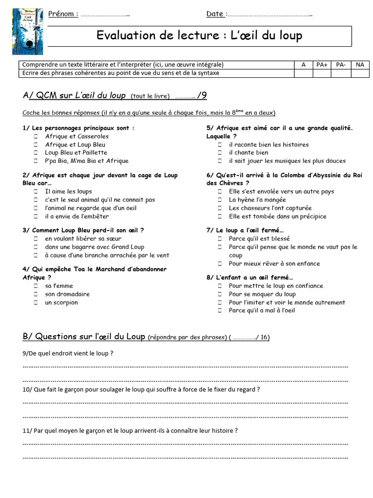 Questionnaire sur L’œil du loup | PDF