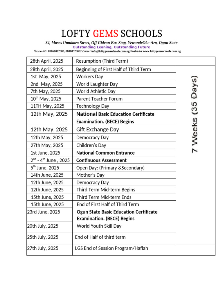 Ogun State 3rd Term Calendar 2025 | PDF
