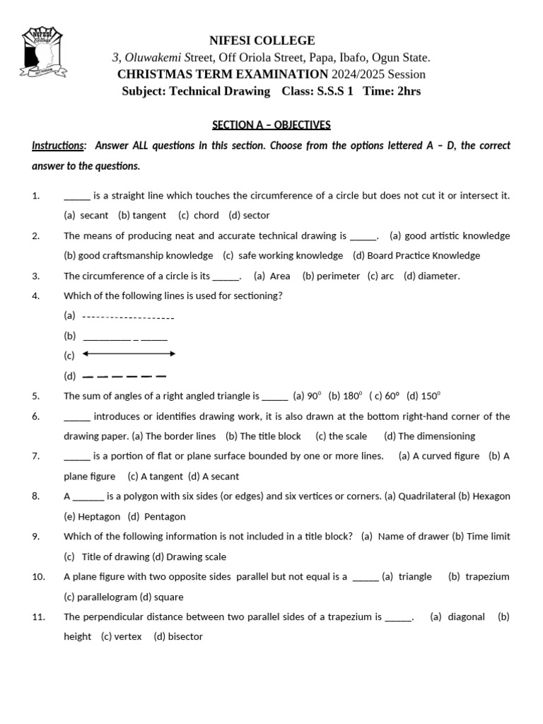 TD Nifesi 1st Term SS1 TD EXAM | PDF | Circle | Triangle
