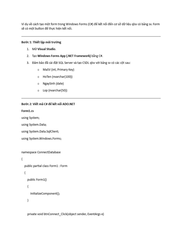 Ví dụ về cách tạo kết nối trong ADO.net | PDF