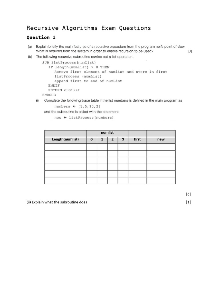 Recursive Algorithms Exam Questions | PDF