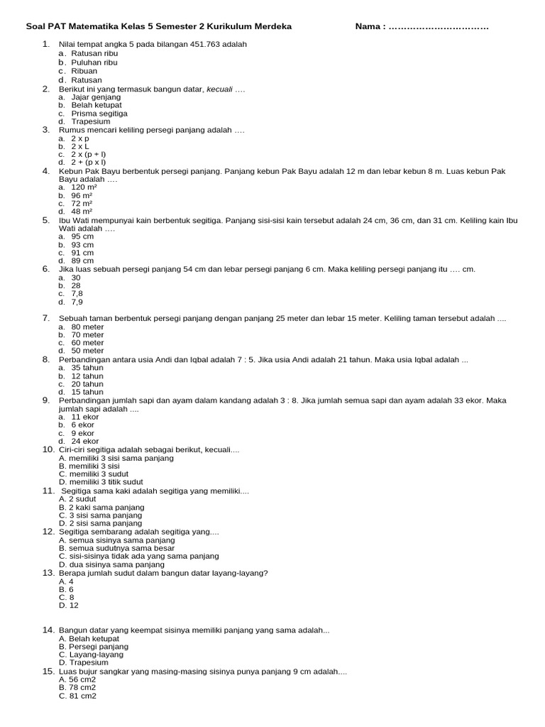 Soal PAT Matematika Kelas 5 Semester 2 Kurikulum Merdeka | PDF
