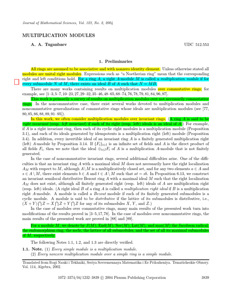 2004 Multiplication Modules Tuganbaev Edit | PDF | Module (Mathematics) | Ring (Mathematics)