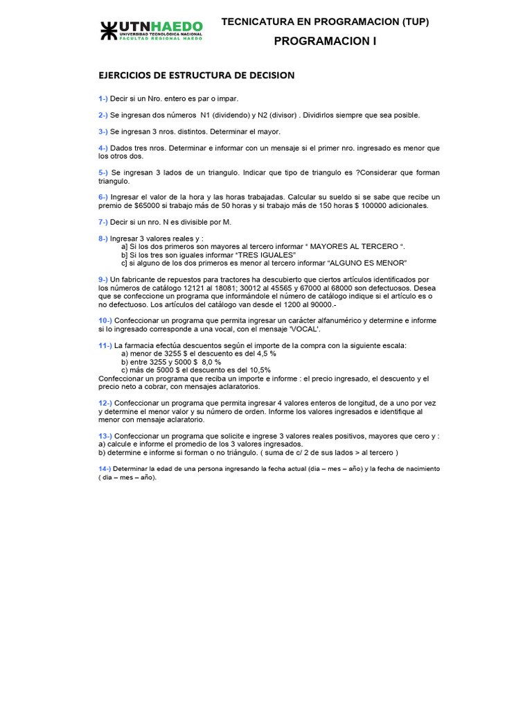 EJERCICIOS DE ESTRUCTURA de Decision | PDF