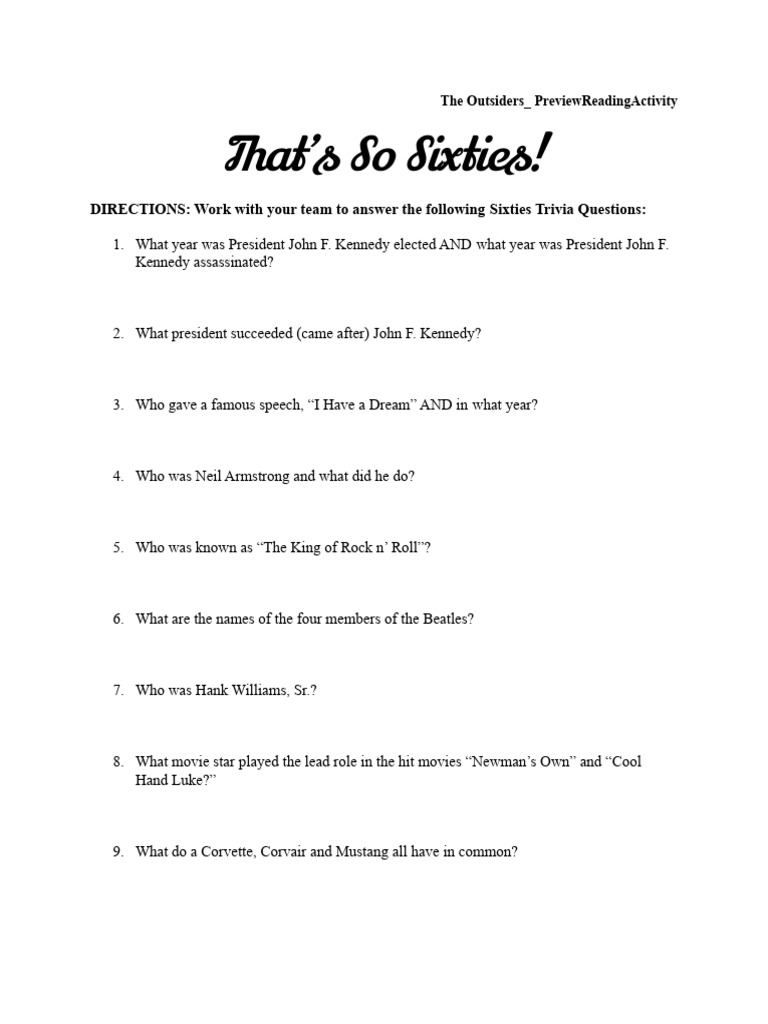 That's So Sixties!: DIRECTIONS: Work With Your Team To Answer The ...