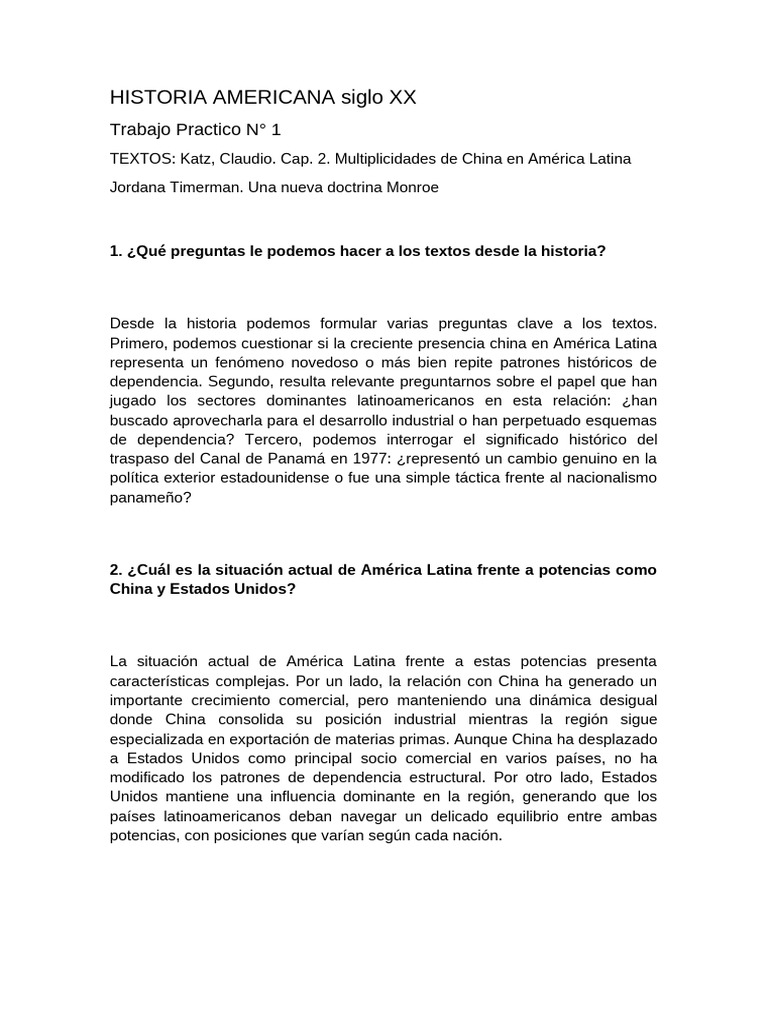 HISTORIA AMERICANA Siglo XX TP Numero 1 - Preguntas | PDF | America latina | China