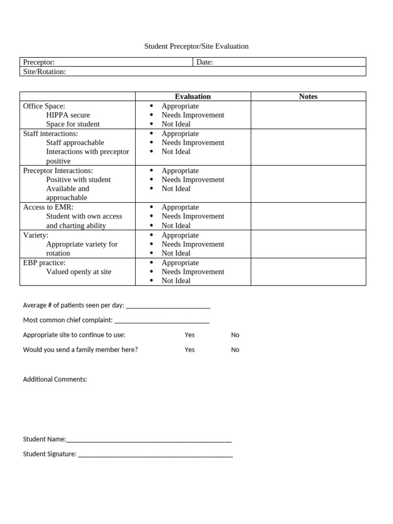 Student Preceptor Evaluation Form | PDF