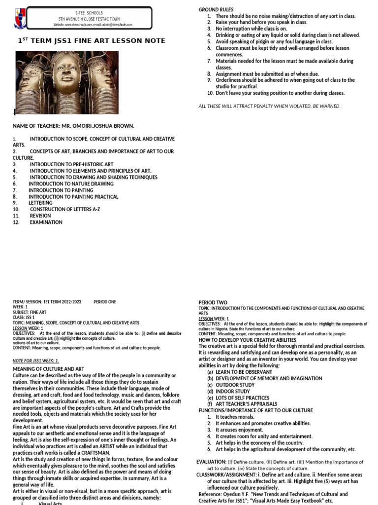 1ST Term JSS1 Fine Art Lesson Note 2022 Session | PDF | Drawing | Paintings