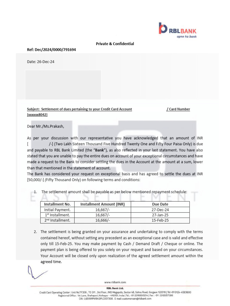 Settlement Letter RBL Dec | PDF | Payments | Banks