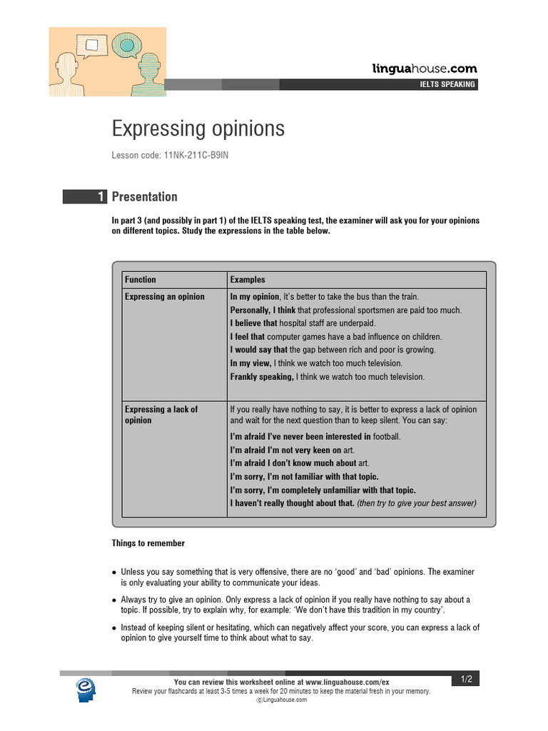 Expressing Opinions British English Student BW | PDF | Cognition ...