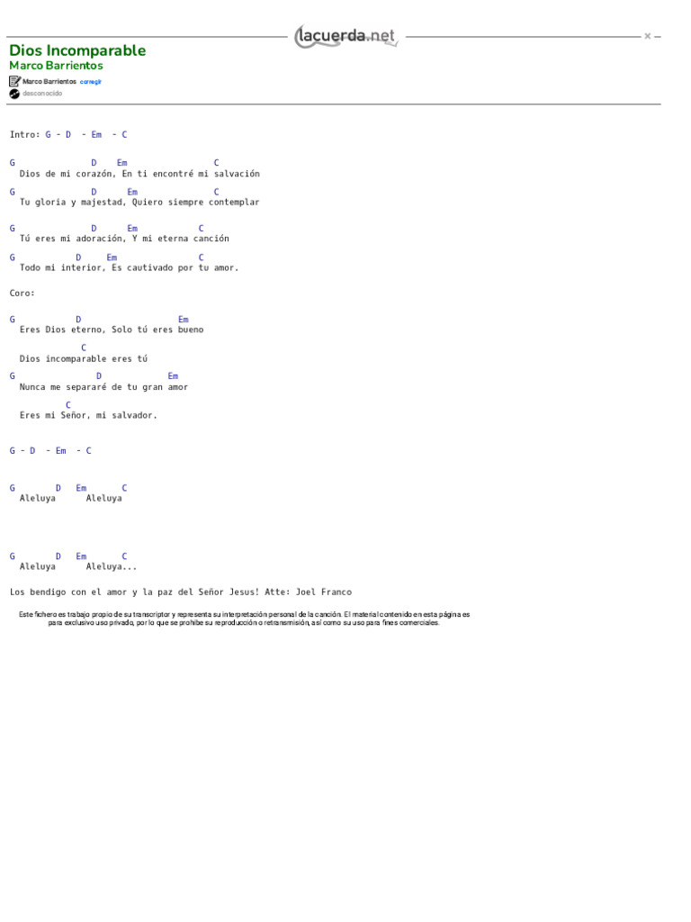 DIOS INCOMPARABLE, Marco Barrientos - Acordes | PDF
