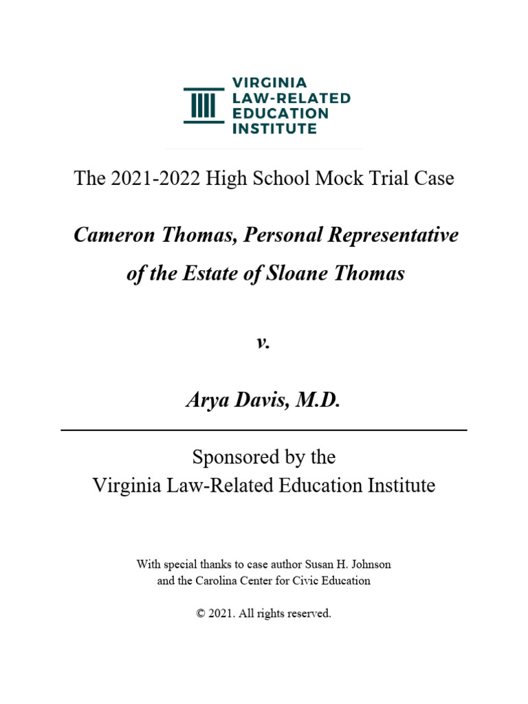 ThomasvDavis-2021-22MockTrialCase | PDF | Evidence (Law) | Standard Of Care