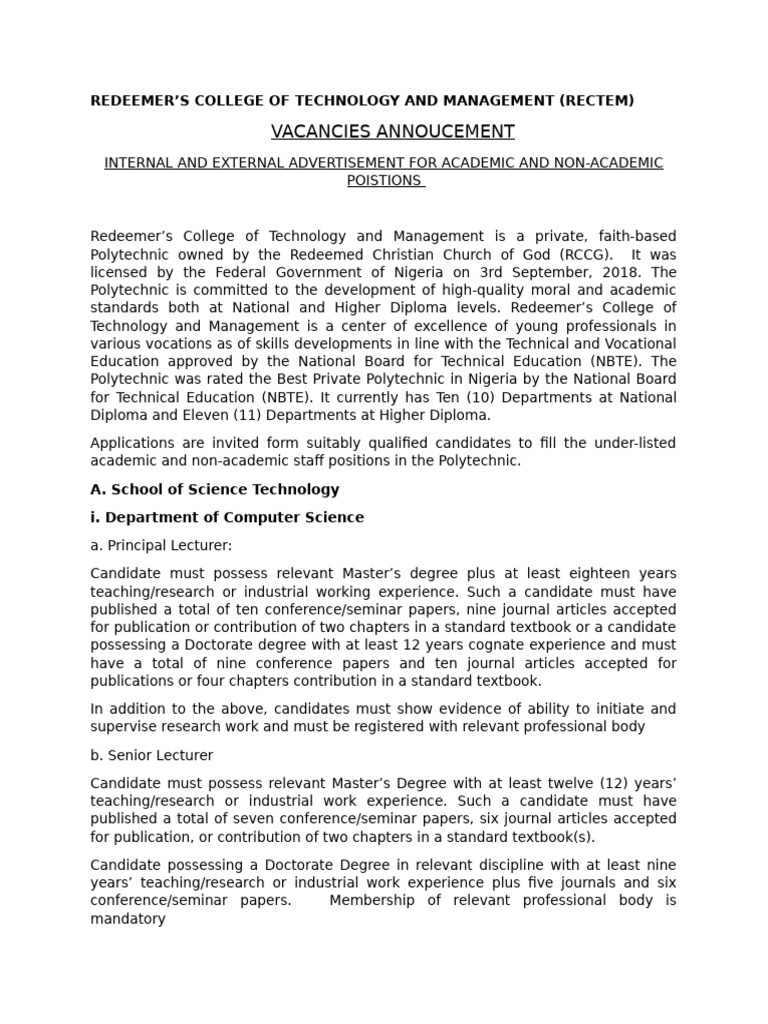 Rectem Internal & External Vacancies | PDF | Academic Degree | Bachelor ...
