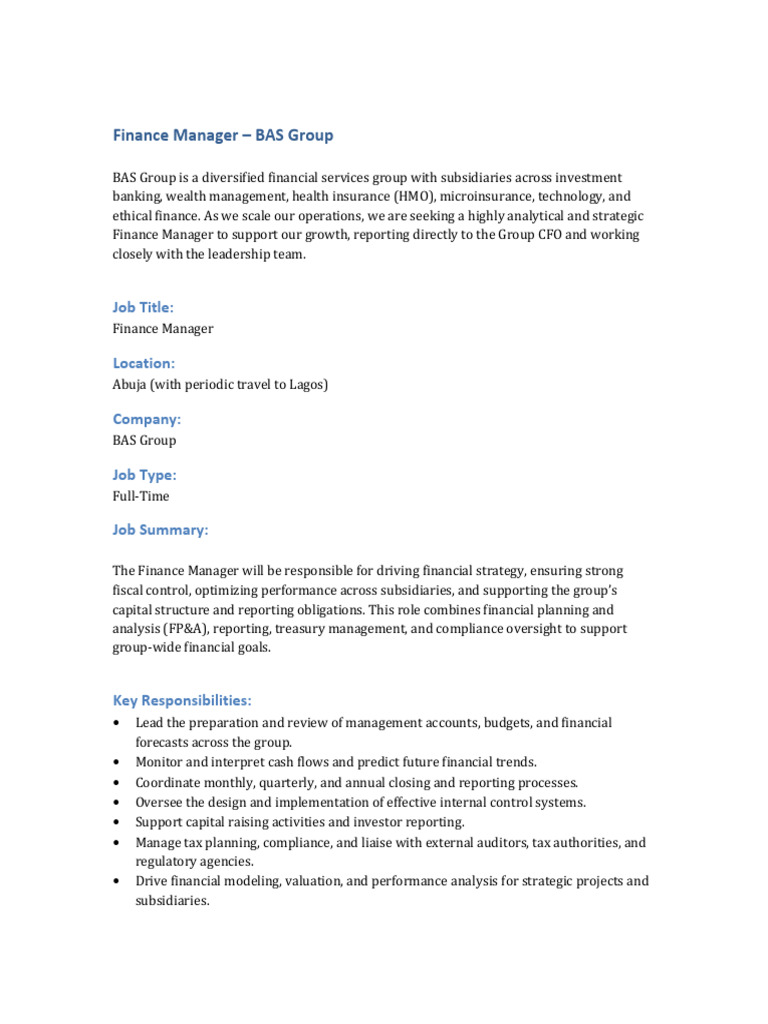 BAS Group Finance Manager Job Description | PDF | Chief Financial ...
