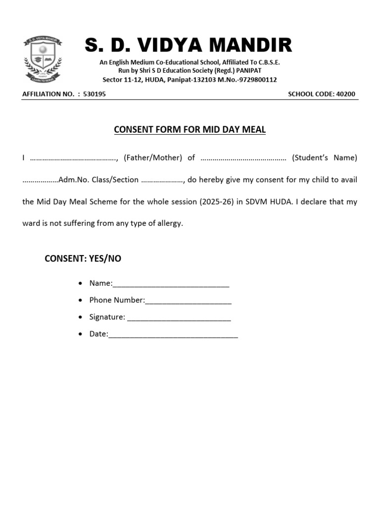 Mid Day Meal Consent Form 2025-26 | PDF