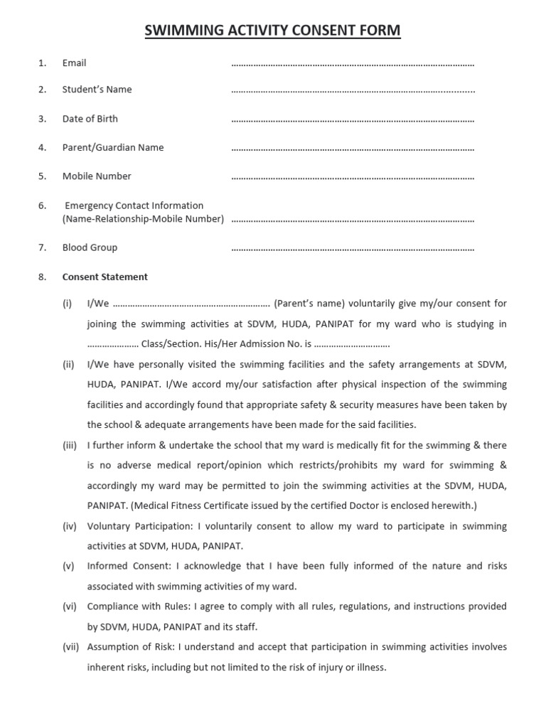 Swimming Activity Consent Form | PDF | Indemnity | Common Law