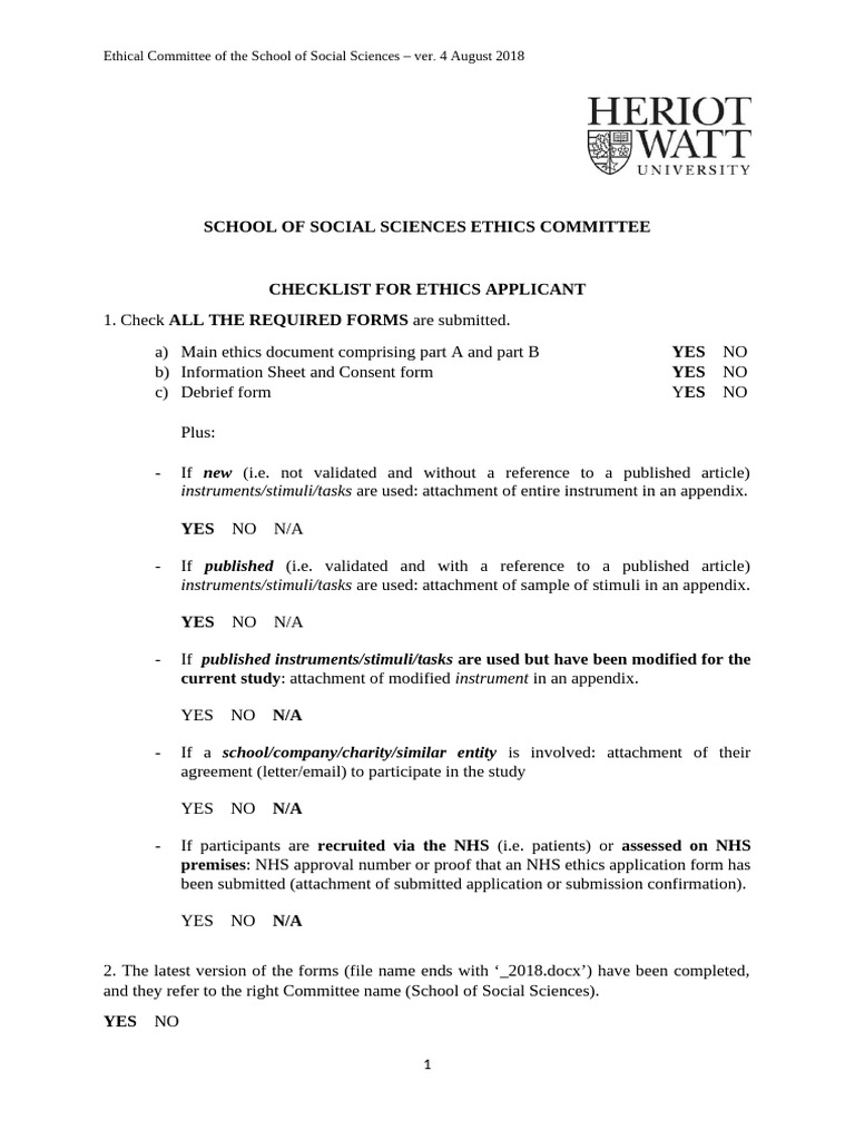 4 - Ethics Checklist Applicant - To Submit With Application - 2018 | PDF