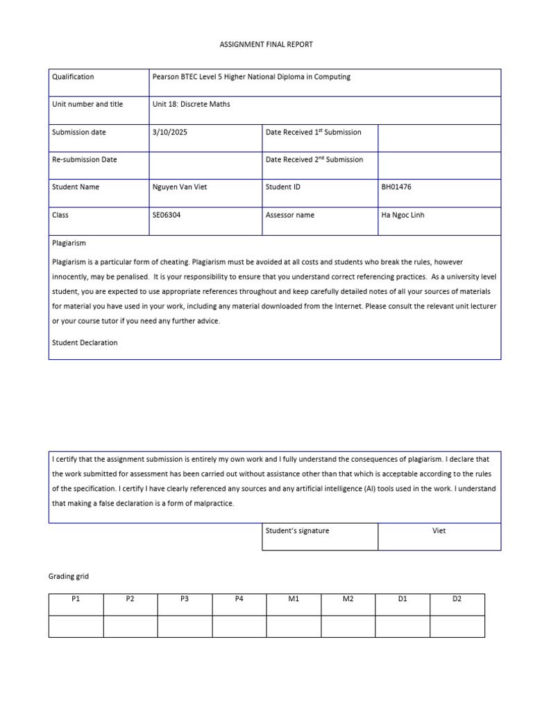 Final Report Nguyenvanviet BH01476 | PDF | Boolean Algebra | Teaching Mathematics