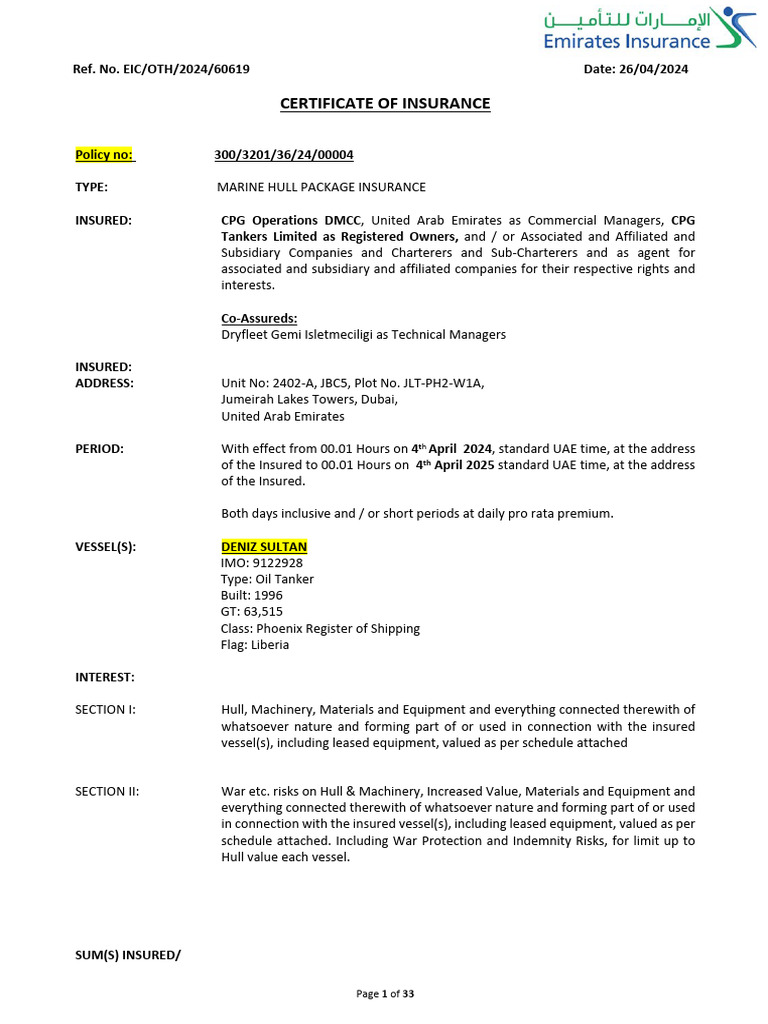 240404_H&M_Certificate_Deniz Sultan_EIC_2024 | PDF | Insurance | Deductible