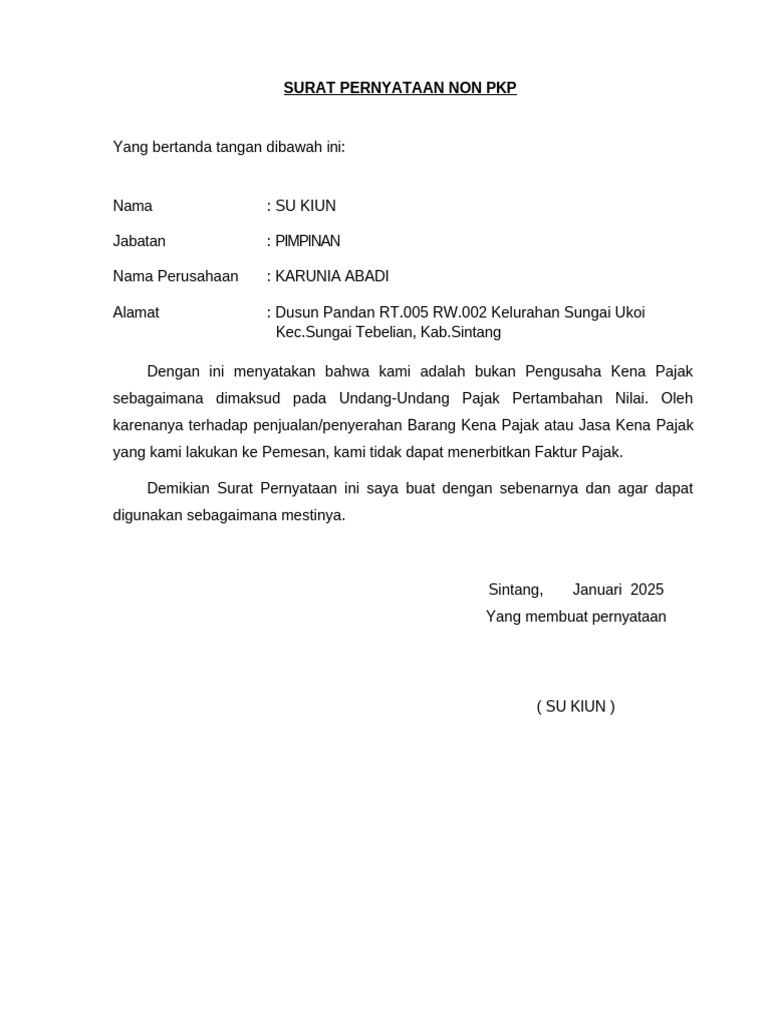 Surat Pernyataan Non PKP Sukiun | PDF