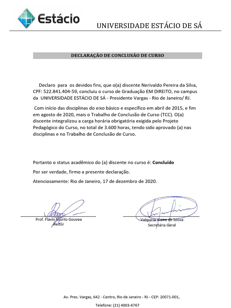 Declaração de Conclusão em Direito | PDF