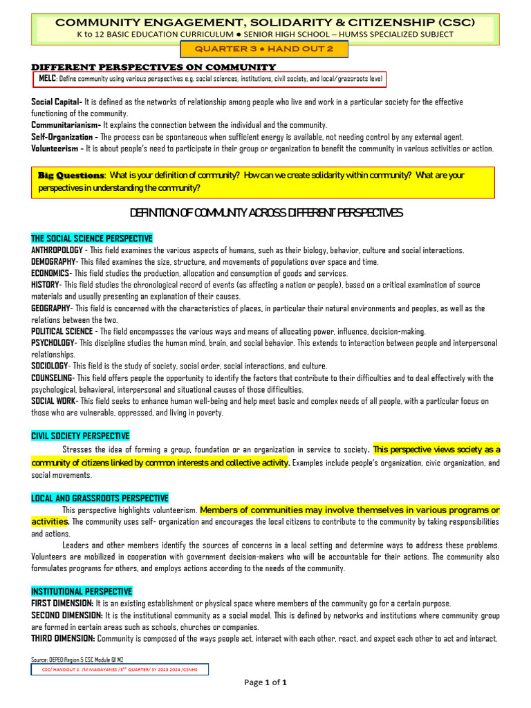 CSC Q3. Hand Out 2 Sy 2023 2024 | PDF | Community | Social Sciences