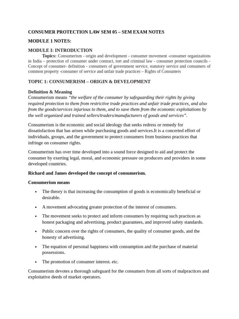 Consumer Protection Law Module 1 Notes | PDF | Negligence | Damages