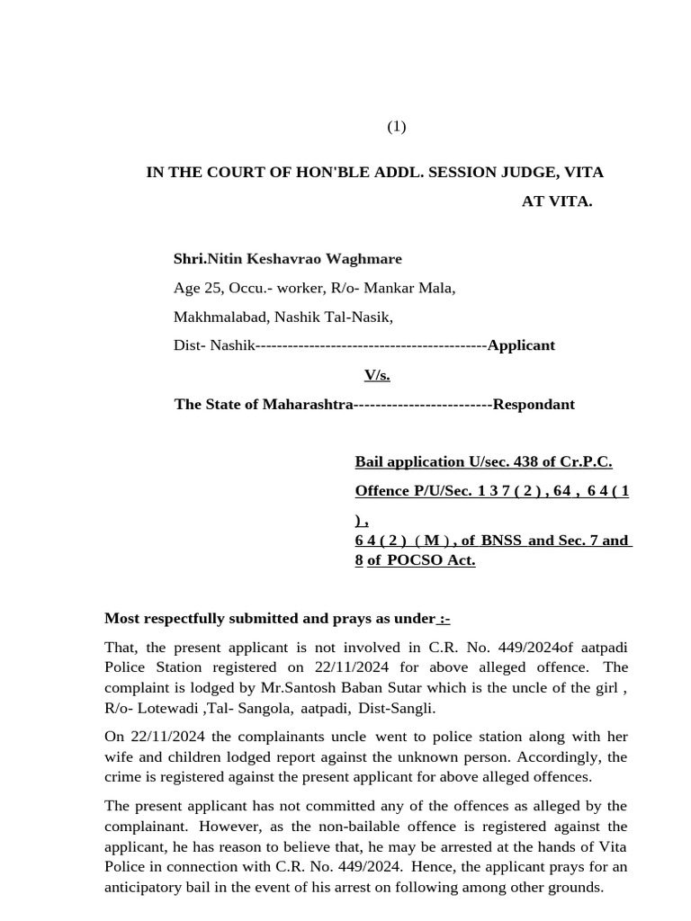 APPLICATION ANITICIPATORY BAIL DRAFT-6-8 (1) | PDF | Bail | Prosecutor