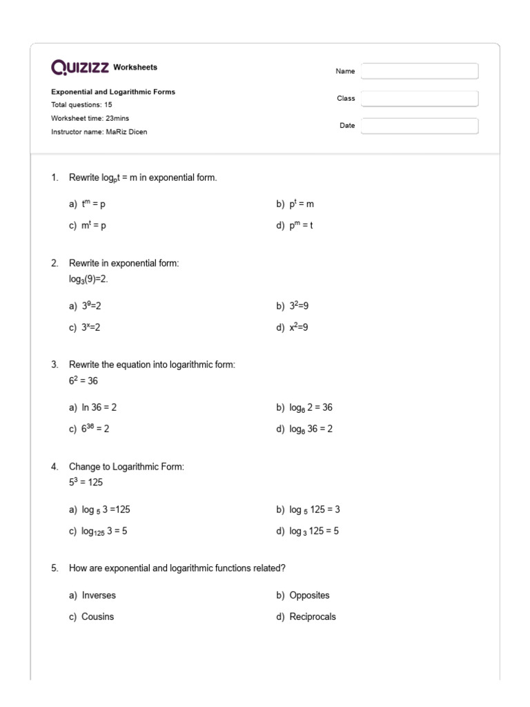Exponential and Logarithmic Forms _ Quizizz | PDF | Logarithm | Special ...