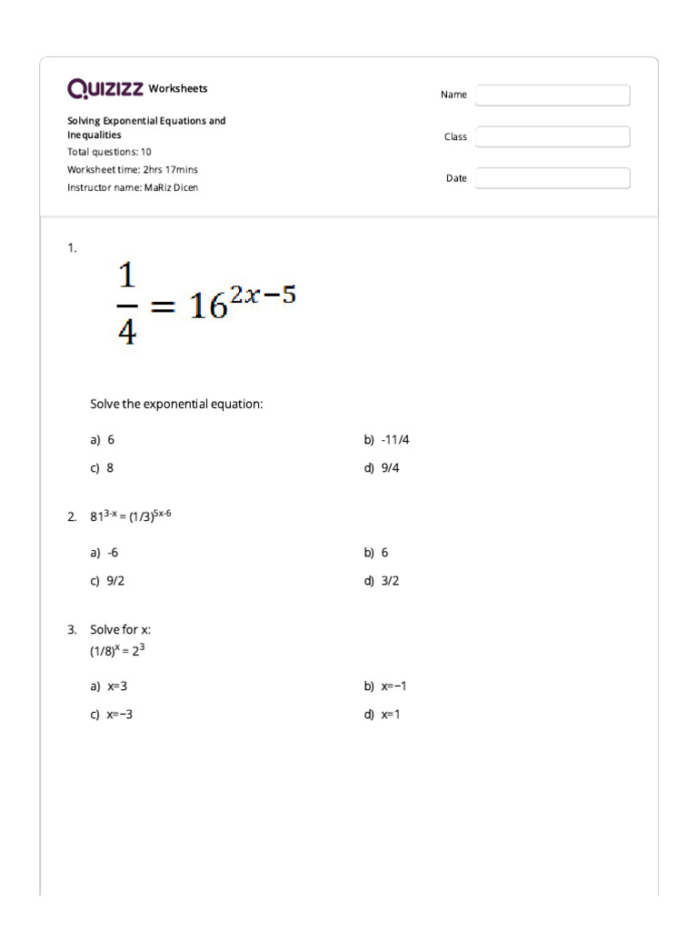 Solving Exponential Equations and Inequalities - Quizizz | PDF