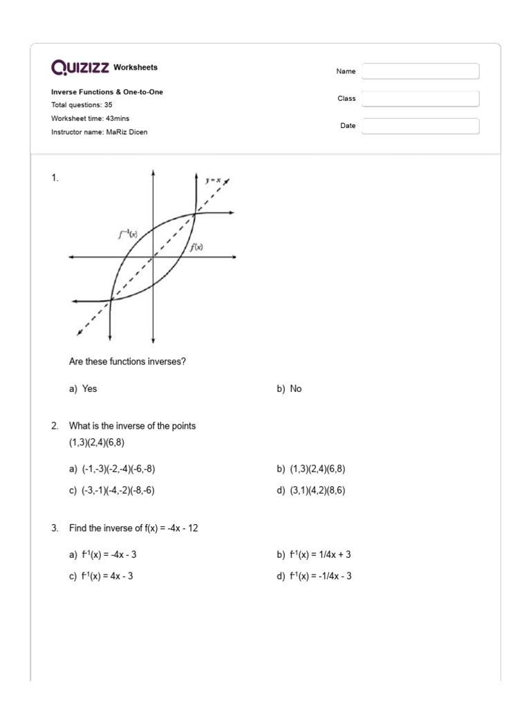 Inverse Functions & One-to-One - Quizizz | PDF | Function (Mathematics ...