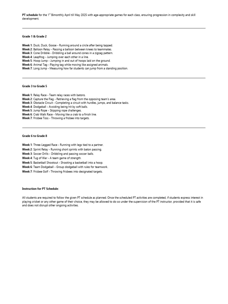 7-Week PT Schedule For 1st Bimonthly Primary and Secondary | PDF