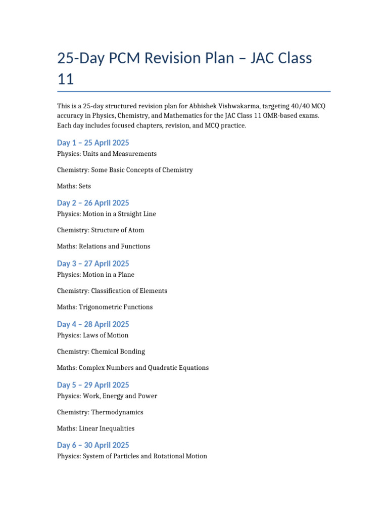 JAC 25 Day PCM Revision Plan | PDF | Chemistry | Physics