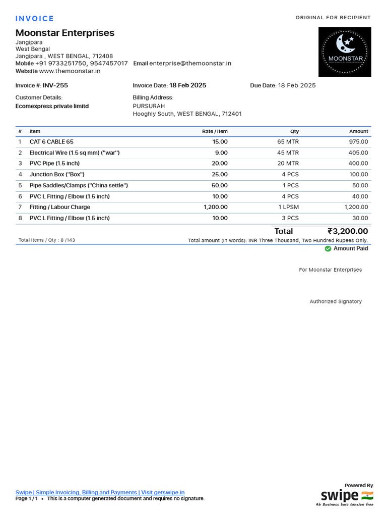 Invoice Moonstar INV 255 | PDF | Manufactured Goods