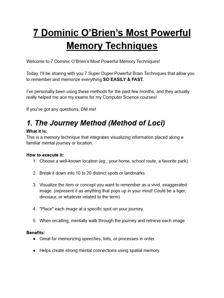 7 Dominic O'Brien's Most Powerful Memory Techniques | PDF | Memory | Cognitive Science